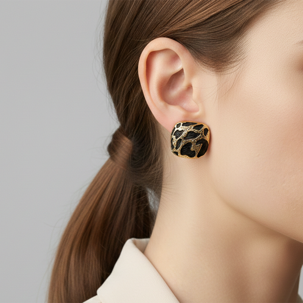 JewelMaze Classy Black Designer Statement Square Shape Anti Tarnish Studs